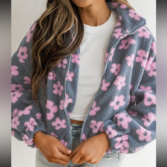 Jackets & Coats | Multicolor Flower Zip Up Sherpa Jacket | Poshmark